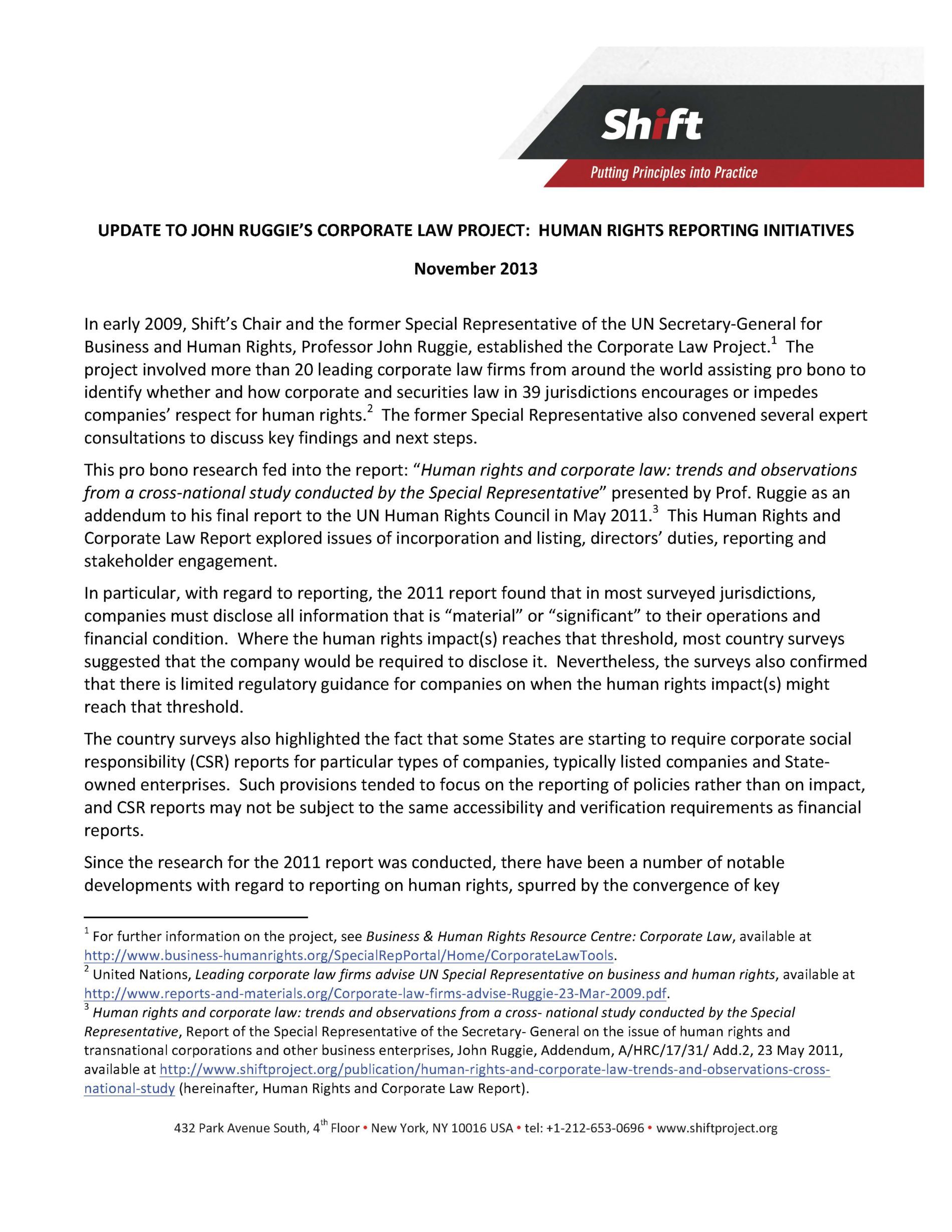 State of Play of Corporate Human Rights Reporting Initiatives 2013 - Shift