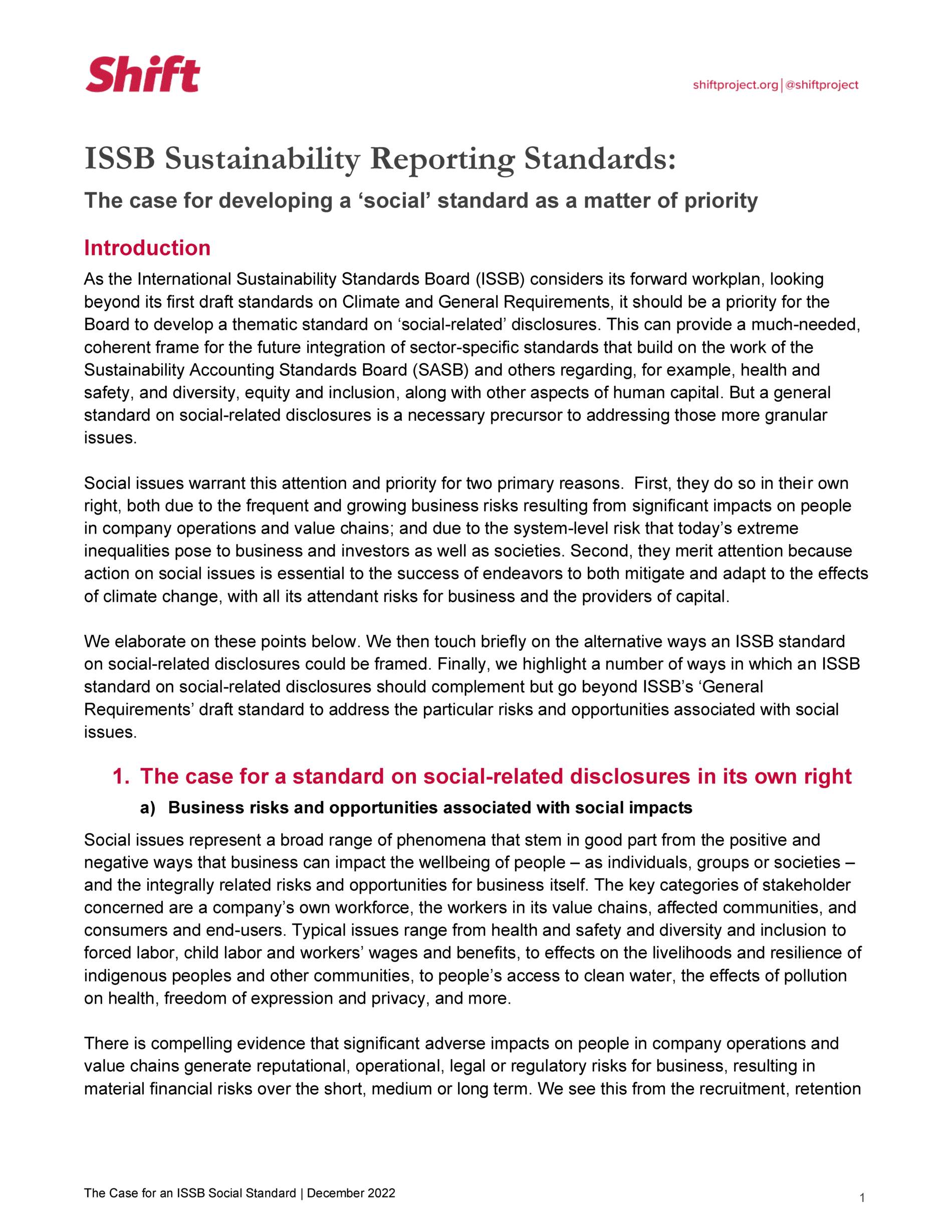 Comments by Shift on the ISSB Sustainability Reporting Standards - Shift