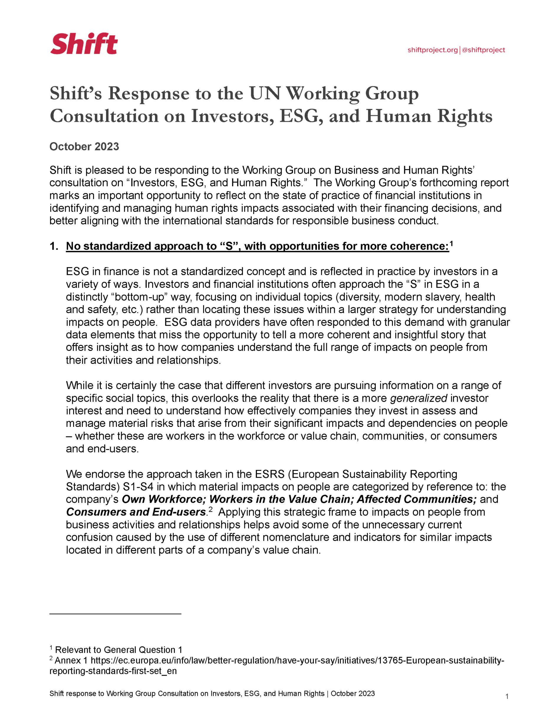 Shift's Response to the UN Working Group Consultation on Investors, ESG ...